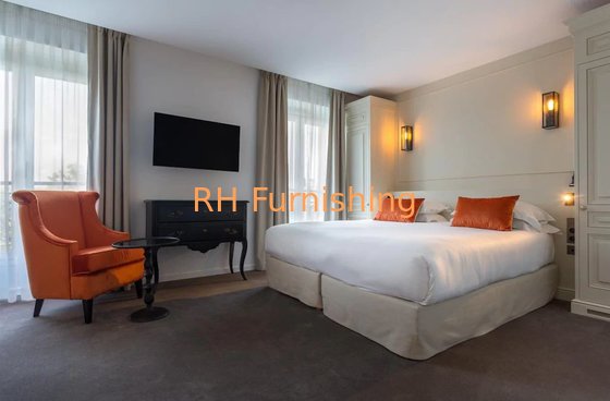 Gambia furniture supplier from China for hotel bedroom furniture of fabric headboard bed with Classic desk table supplier