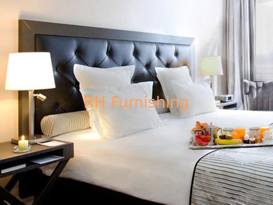 Guinea new hotel room furniture of Leather headboard bed with fabric chair and wood desk table supplier