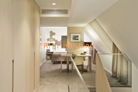 Guinea new hotel room furniture of Leather headboard bed with fabric chair and wood desk table supplier