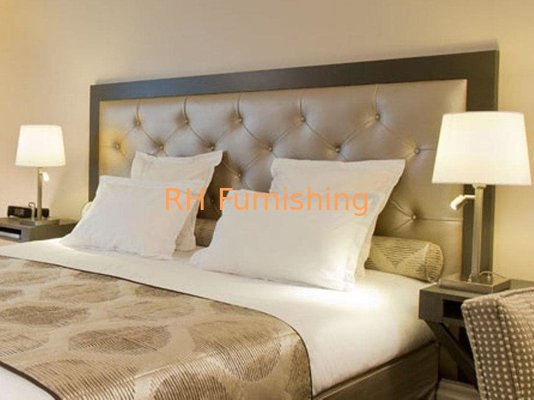 Guinea new hotel room furniture of Leather headboard bed with fabric chair and wood desk table supplier