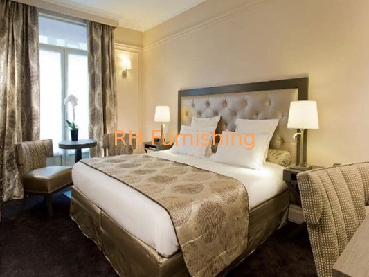 Guinea new hotel room furniture of Leather headboard bed with fabric chair and wood desk table supplier