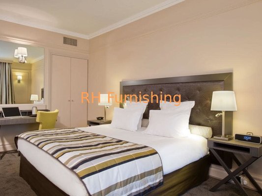 Guinea new hotel room furniture of Leather headboard bed with fabric chair and wood desk table supplier