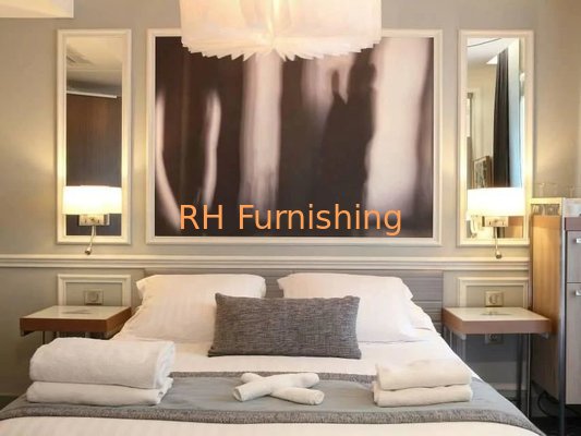 Guinea-Bissau hotel bedroom furniture set from China factory of wood bed with mattress and wood cabinet table supplier
