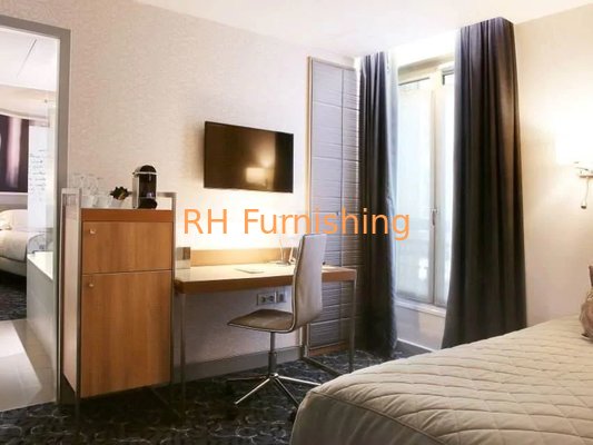Guinea-Bissau hotel bedroom furniture set from China factory of wood bed with mattress and wood cabinet table supplier