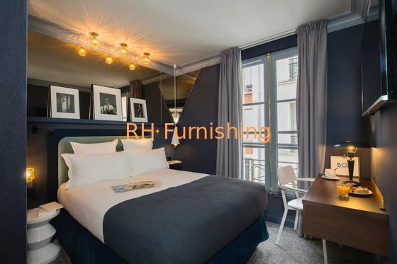 Zimbabwe hotel style apartment bedroom furniture of fabric bed with nighstand and work desk table chairs supplier