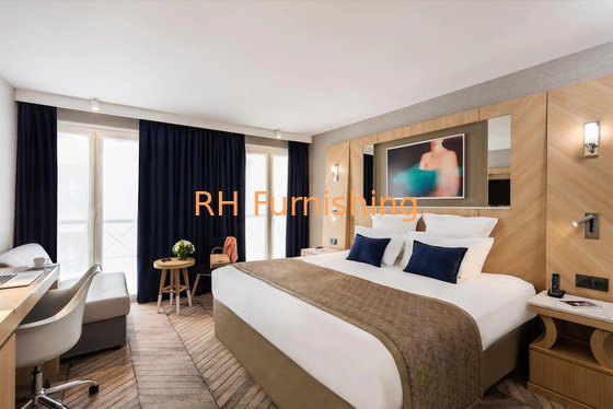 Cameroon luxury hotel fitout furniture of laminated wood headboard with leather bed and long desk tale TV cabinet supplier