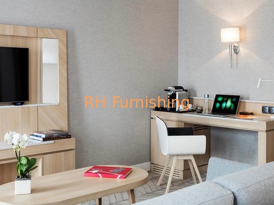 Cameroon luxury hotel fitout furniture of laminated wood headboard with leather bed and long desk tale TV cabinet supplier