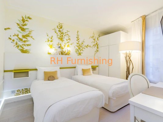 Kenya luxury hotel wood furniture manufactuer from China by French style bed with wood side table and fabric bench chair supplier