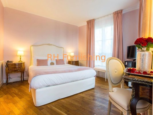 Kenya luxury hotel wood furniture manufactuer from China by French style bed with wood side table and fabric bench chair supplier
