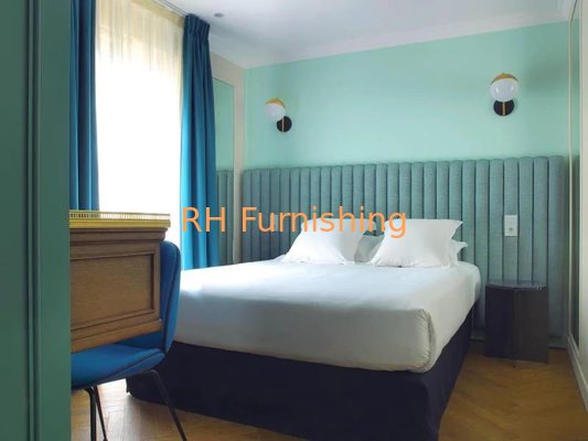 Rwanda luxury bedroom furniture of fabric bed for hotel room with wood desk table and living room sofa set supplier