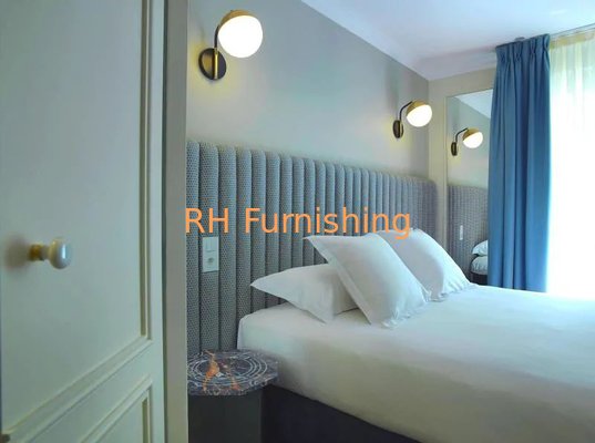 Rwanda luxury bedroom furniture of fabric bed for hotel room with wood desk table and living room sofa set supplier