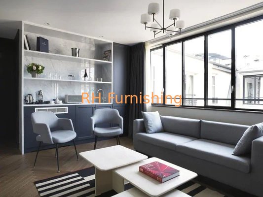 Rwanda luxury bedroom furniture of fabric bed for hotel room with wood desk table and living room sofa set supplier