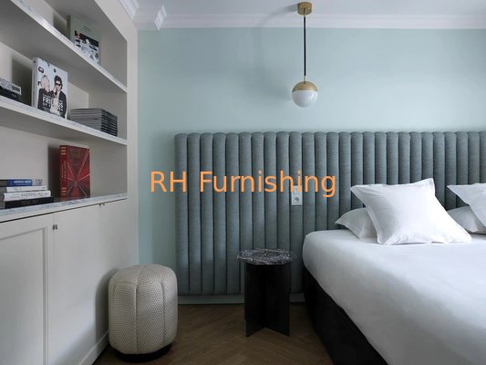Rwanda luxury bedroom furniture of fabric bed for hotel room with wood desk table and living room sofa set supplier
