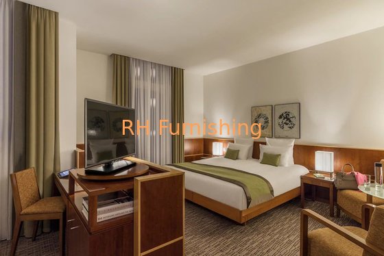 Madagascar hotel bedroom furniture set of wood headboard bed with combine desk table and fabric cushion chairs supplier