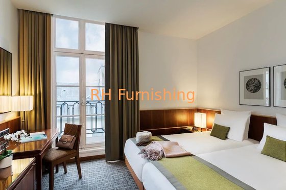 Madagascar hotel bedroom furniture set of wood headboard bed with combine desk table and fabric cushion chairs supplier