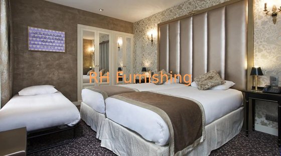 Nigeria luxury hotel bedroom furniture set of golden headboard bed with sofa bench and wood writing table supplier