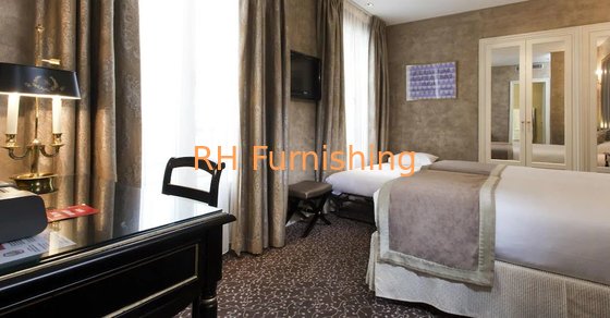 Nigeria luxury hotel bedroom furniture set of golden headboard bed with sofa bench and wood writing table supplier