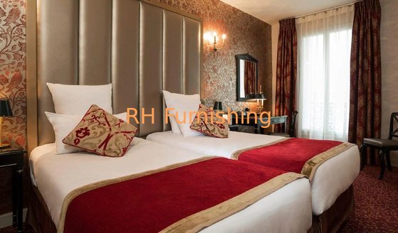 Nigeria luxury hotel bedroom furniture set of golden headboard bed with sofa bench and wood writing table supplier
