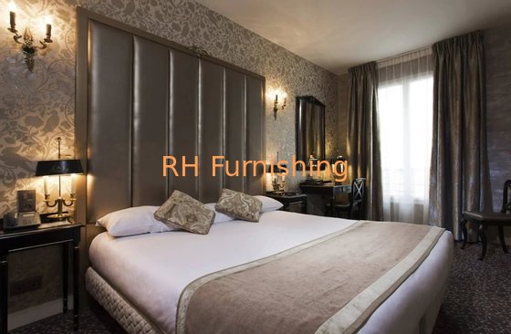 Nigeria luxury hotel bedroom furniture set of golden headboard bed with sofa bench and wood writing table supplier