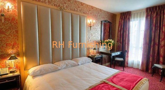 Nigeria luxury hotel bedroom furniture set of golden headboard bed with sofa bench and wood writing table supplier