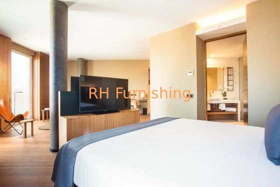 Seychelles hotel new furniture supplier from China for Bedroom set by headboard with fabric bed and TV cabinet table supplier
