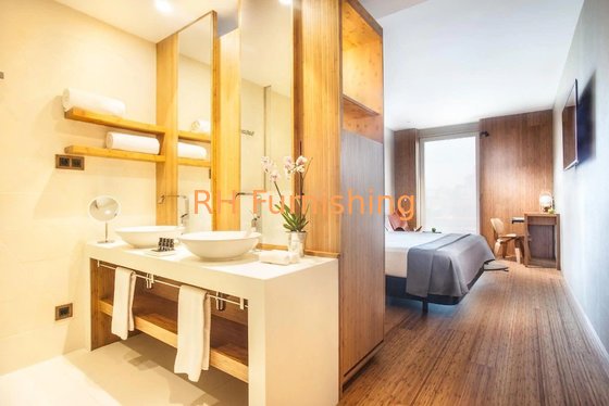 Seychelles hotel new furniture supplier from China for Bedroom set by headboard with fabric bed and TV cabinet table supplier