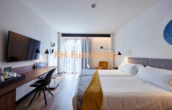 Tunisia hotel furniture manufactuer from china by Laminate wood headboard bed with long desk table and Fabric sofa chair supplier