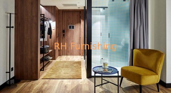 Tunisia hotel furniture manufactuer from china by Laminate wood headboard bed with long desk table and Fabric sofa chair supplier
