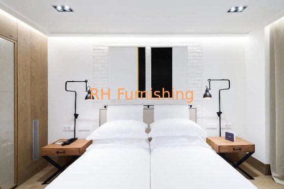 Zambia hotel furniture factory from China by fabric upholstered bed with wood night table and wardrobe cabinet supplier