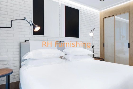 Zambia hotel furniture factory from China by fabric upholstered bed with wood night table and wardrobe cabinet supplier