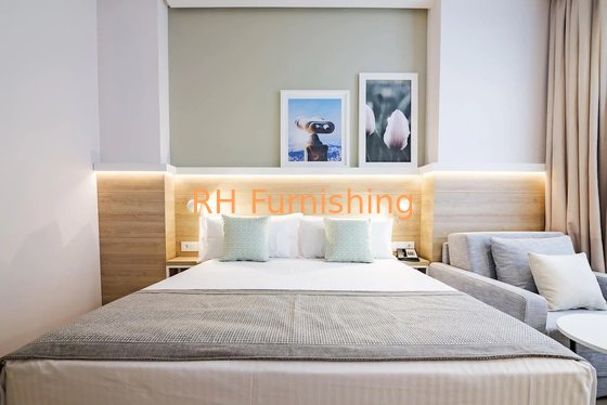Morocco hotel inn bedroom furniture set from china manufactuer by Laminate headboard bed with side table and Living room supplier