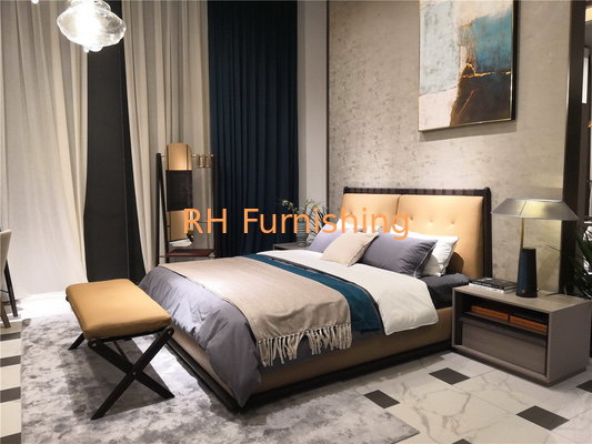 Oak wood King size Bed with Cow Leather upholstered headboard for Villa interior Bedroom furniture set and Nightstand supplier