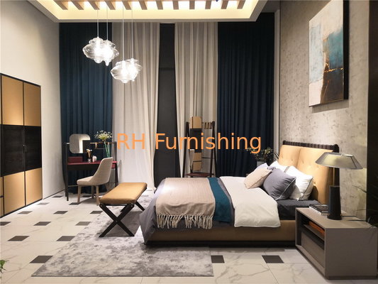 Oak wood King size Bed with Cow Leather upholstered headboard for Villa interior Bedroom furniture set and Nightstand supplier
