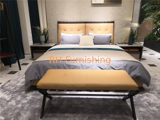 Oak wood King size Bed with Cow Leather upholstered headboard for Villa interior Bedroom furniture set and Nightstand supplier