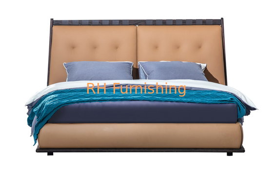 Oak wood King size Bed with Cow Leather upholstered headboard for Villa interior Bedroom furniture set and Nightstand supplier