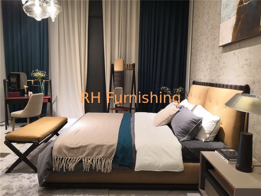 Oak wood King size Bed with Cow Leather upholstered headboard for Villa interior Bedroom furniture set and Nightstand supplier