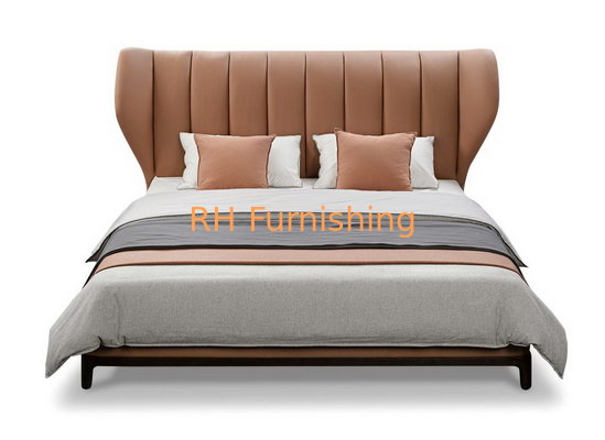 Light Luxury King Bed by Real leather upholstery headboard in Special design for High end House and Hotel guestroom supplier