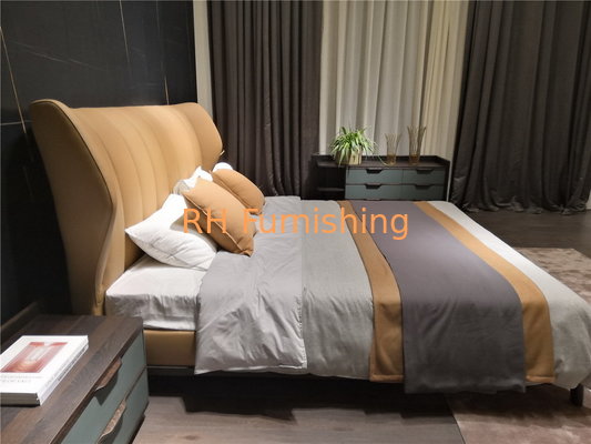 Light Luxury King Bed by Real leather upholstery headboard in Special design for High end House and Hotel guestroom supplier
