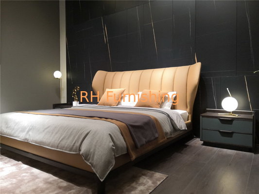 Light Luxury King Bed by Real leather upholstery headboard in Special design for High end House and Hotel guestroom supplier