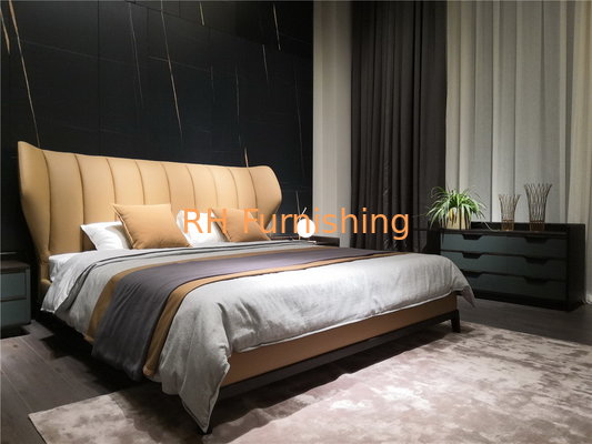 Light Luxury King Bed by Real leather upholstery headboard in Special design for High end House and Hotel guestroom supplier