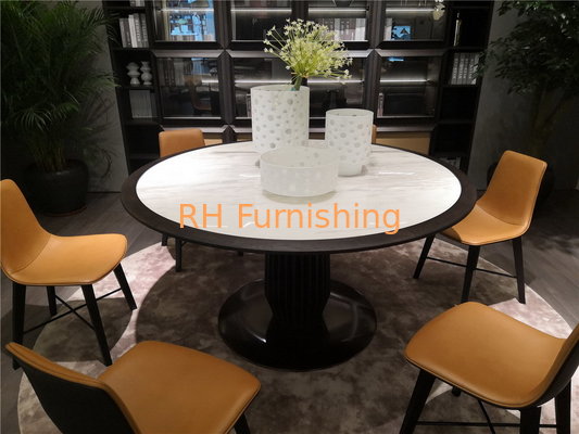 Round dining table by Oak wood in hand-made structure with Stainless steel leg and Stone marble for Restaurant furniture supplier