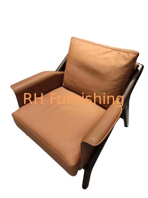 Down feather filled in Leather upholstered cushion Armchair sofa with Oak wood frame for Hotel lobby reception furniture supplier