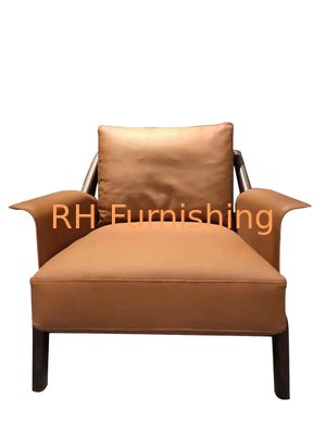 Down feather filled in Leather upholstered cushion Armchair sofa with Oak wood frame for Hotel lobby reception furniture supplier