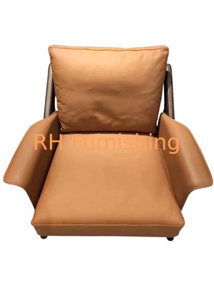 Down feather filled in Leather upholstered cushion Armchair sofa with Oak wood frame for Hotel lobby reception furniture supplier
