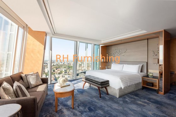 Star Hotel Room Furniture Upholstered bed with Sofa chairs and Fixed wood Panels in Wall Wardrobe cabinets supplier