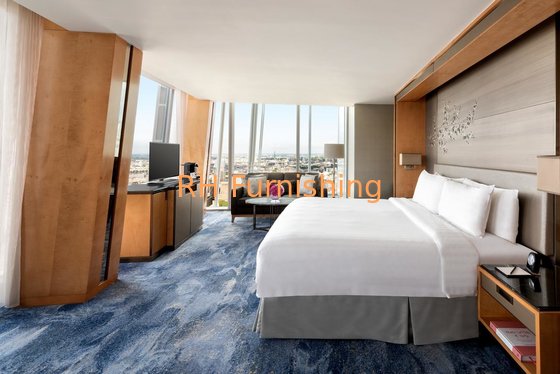 Star Hotel Room Furniture Upholstered bed with Sofa chairs and Fixed wood Panels in Wall Wardrobe cabinets supplier