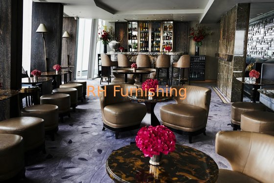 Star Hotel Room Furniture Upholstered bed with Sofa chairs and Fixed wood Panels in Wall Wardrobe cabinets supplier