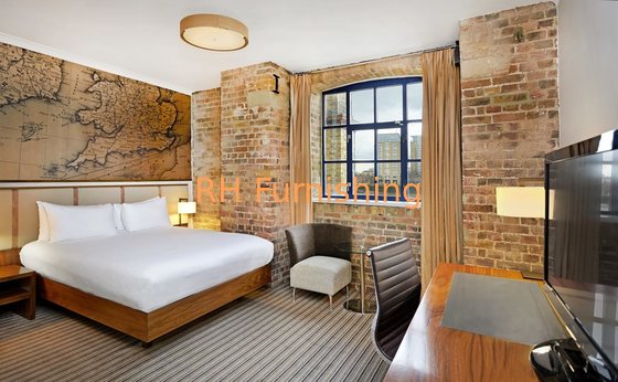Budget Hotel Bedroom Furniture Leather bed with Leisure chairs and Wood TV Stand Cabinets supplier