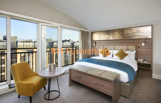 4 star Hotel room Bed Furniture Laminate bed with Leisure Chaise lounge and HPL TV table Writing desk unit supplier