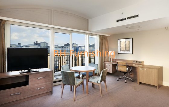 4 star Hotel room Bed Furniture Laminate bed with Leisure Chaise lounge and HPL TV table Writing desk unit supplier